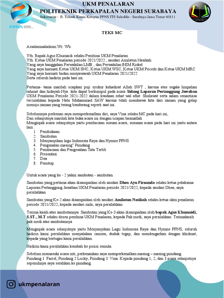 Teks MC LPJ Ukm Penalaran 2021 - 2022 | PDF