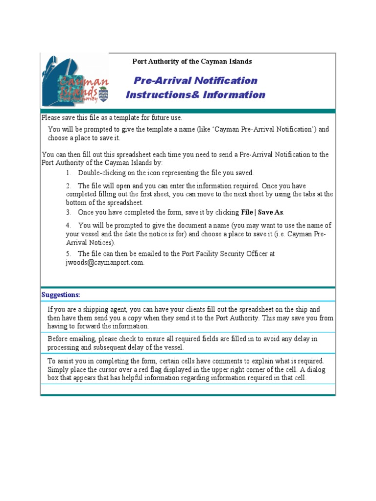 Cayman Pre-Arrival Notification Form | PDF | Ships | Spreadsheet