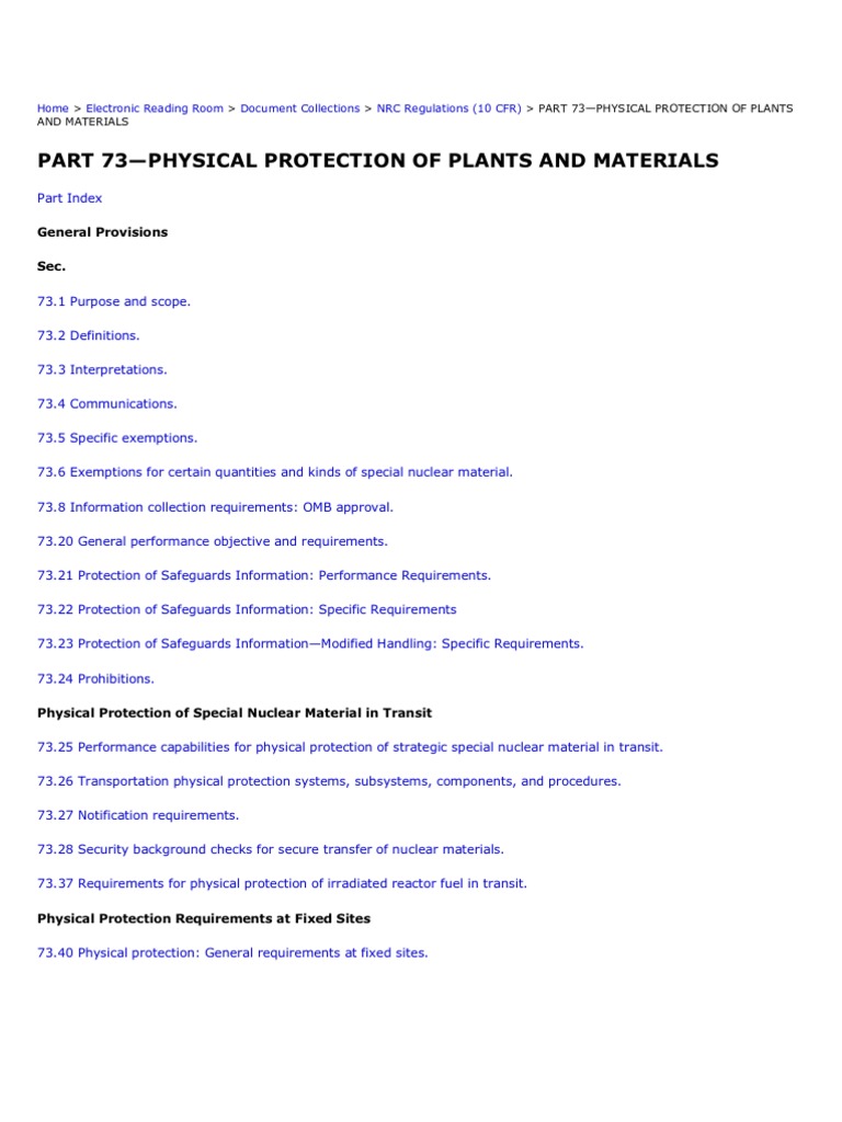 10 CFR 73 | PDF | Nuclear Power | Nuclear Regulatory Commission
