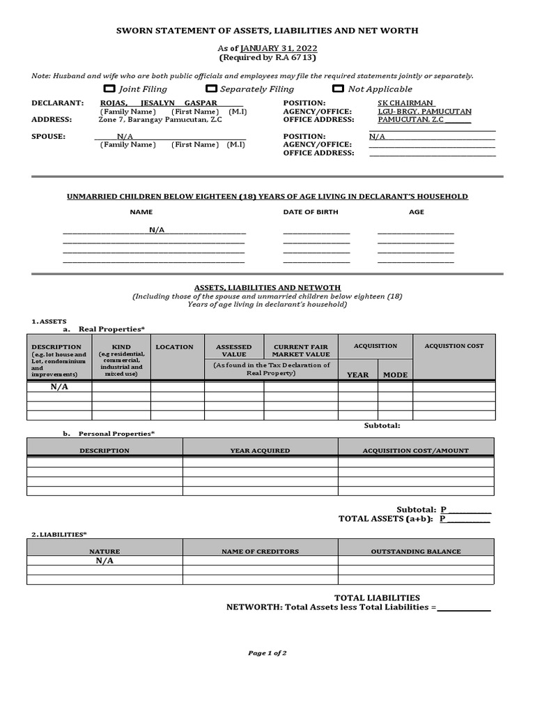 Sworn Statement of Assets | PDF | Net Worth | Economies