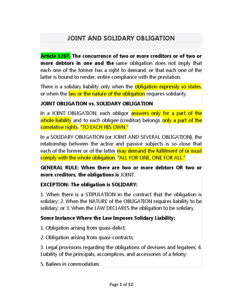 Joint and Solidary Obligation | PDF | Law Of Obligations | Liability ...