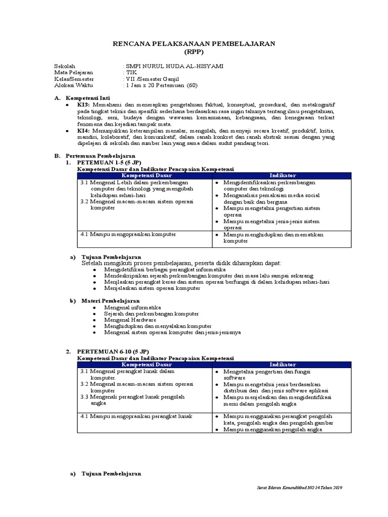 RPP TIK Kelas 7 Semester 1 | PDF | Komputer