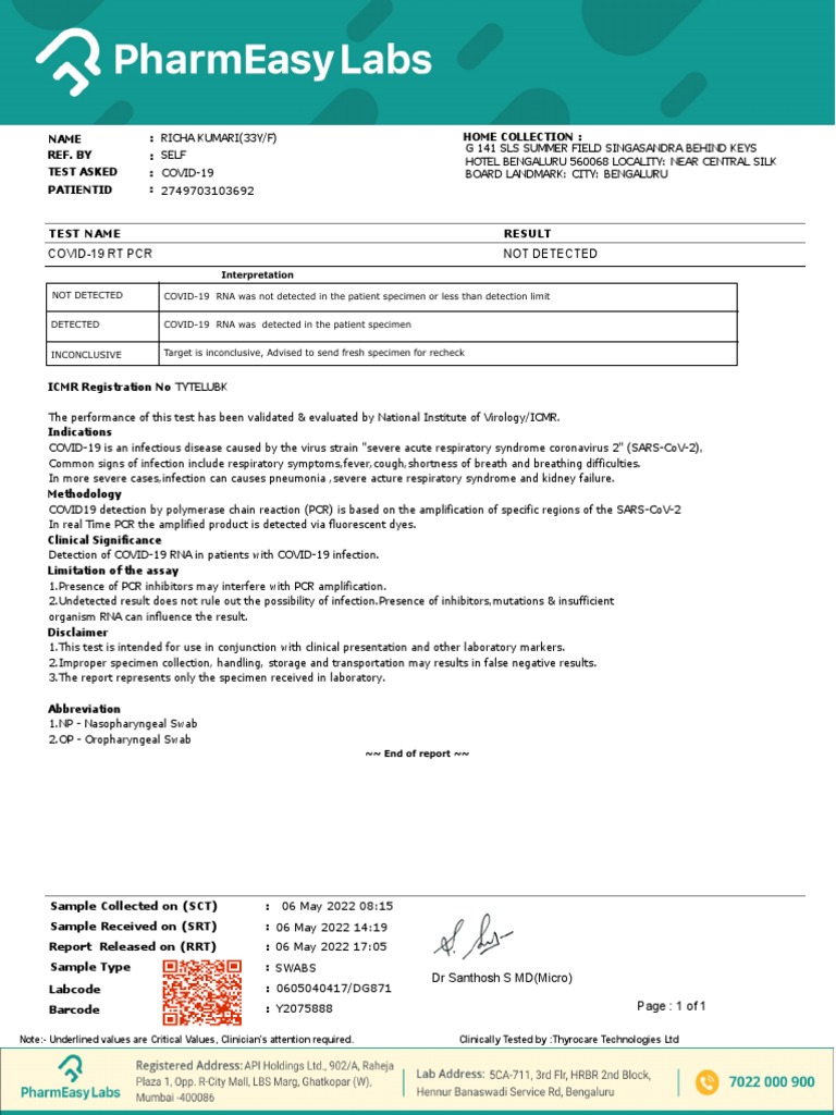 COVID-19 Test Report | PDF | Infection | Polymerase Chain Reaction