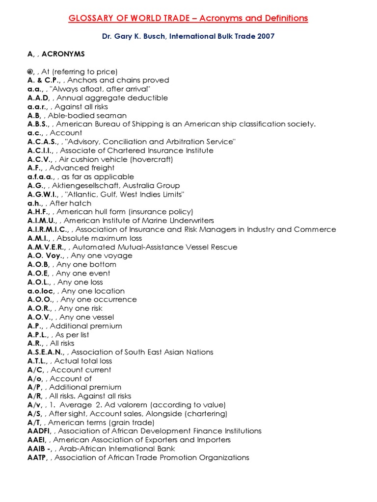 GLOSSARY OF WORLD TRADE Acronyms and Def | Download Free PDF | Dumping ...