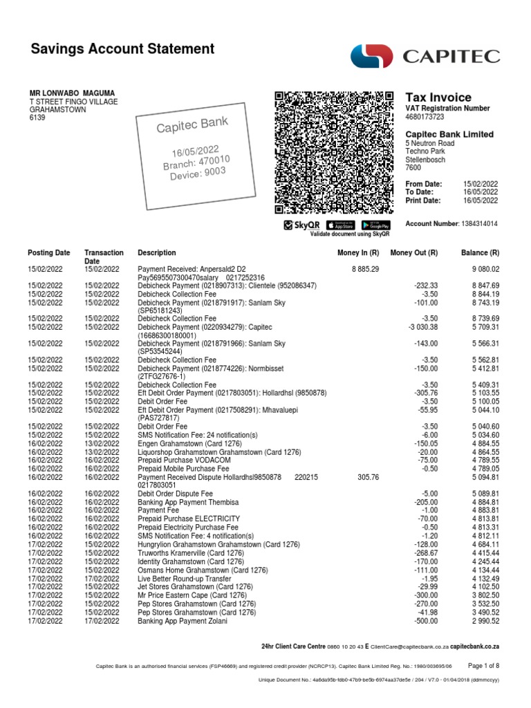 Savings Account Statement: Capitec B Ank | PDF | Debit Card | Stored Value Card