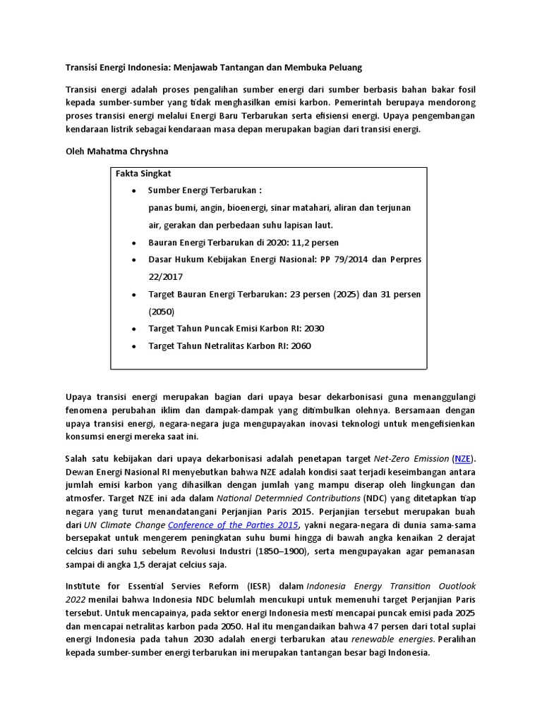 Transisi Energi Indonesia: Tantangan & Peluang | PDF | Teknologi & Rekayasa