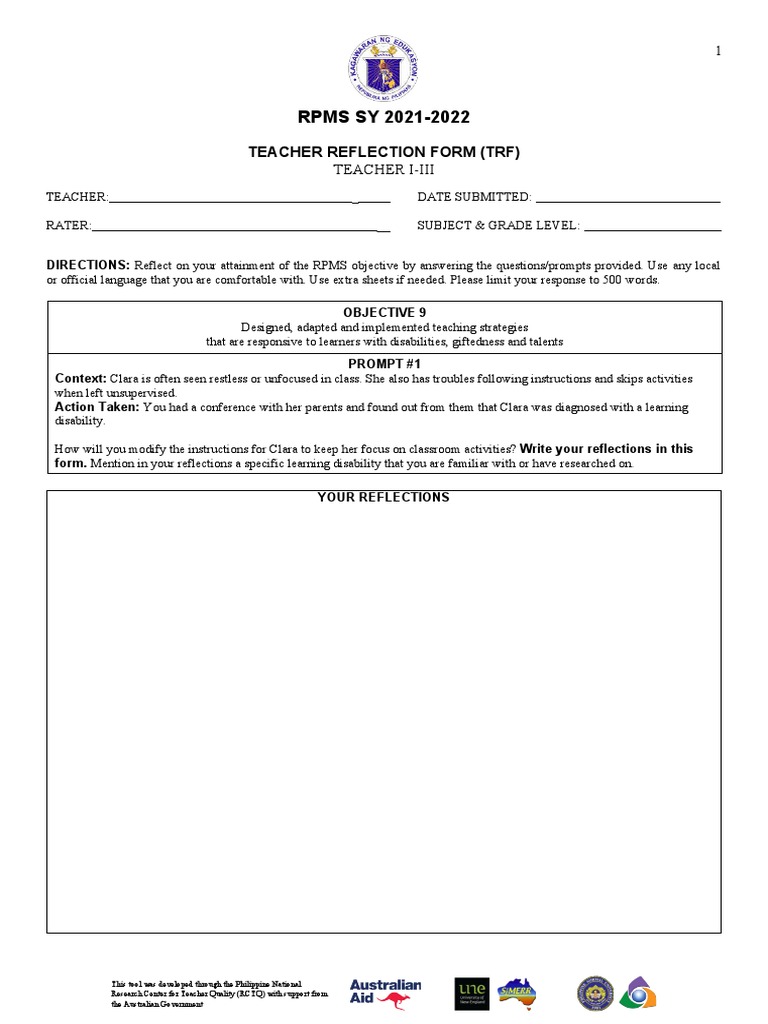 Teacher Reflection Form for RPMS Objectives | PDF | Lesson Plan ...