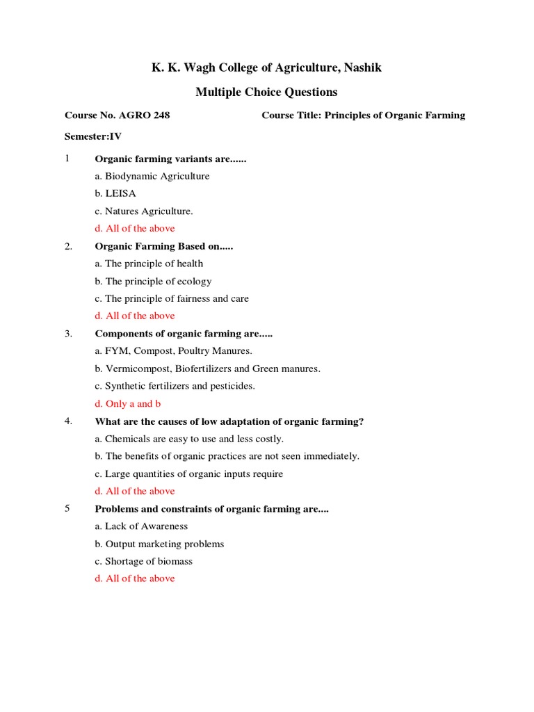 Organic Farming MCQs and Answers | PDF | Organic Farming | Manure