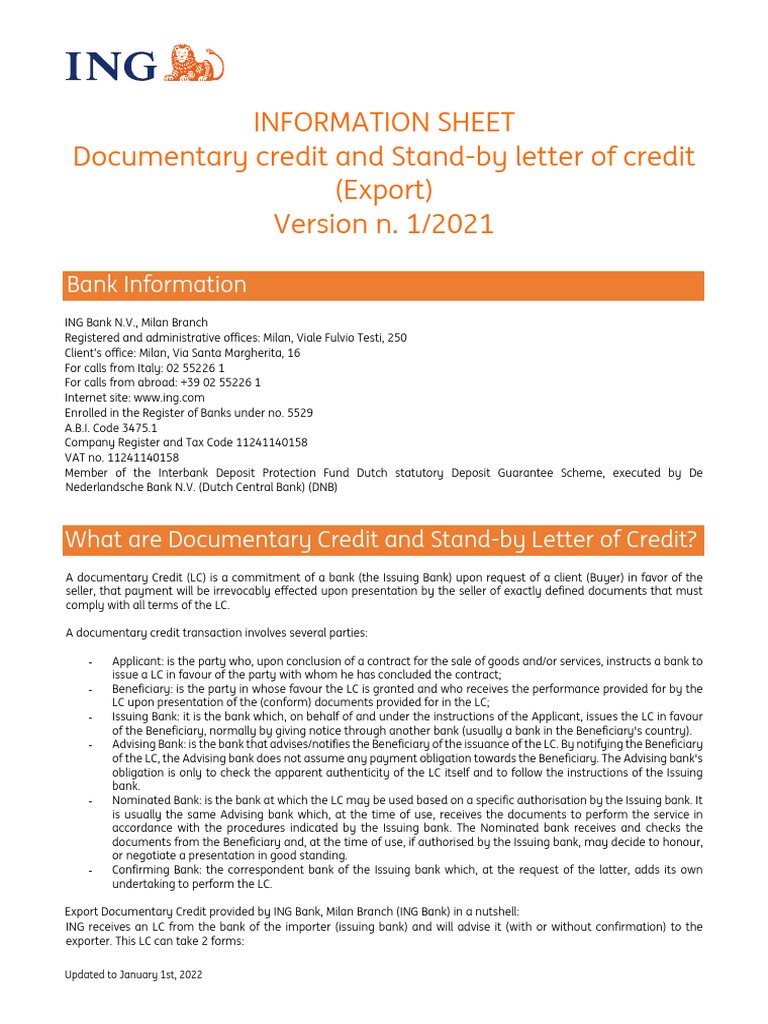Information Sheet Documentary Credit and Stand by Letter of Credit ...