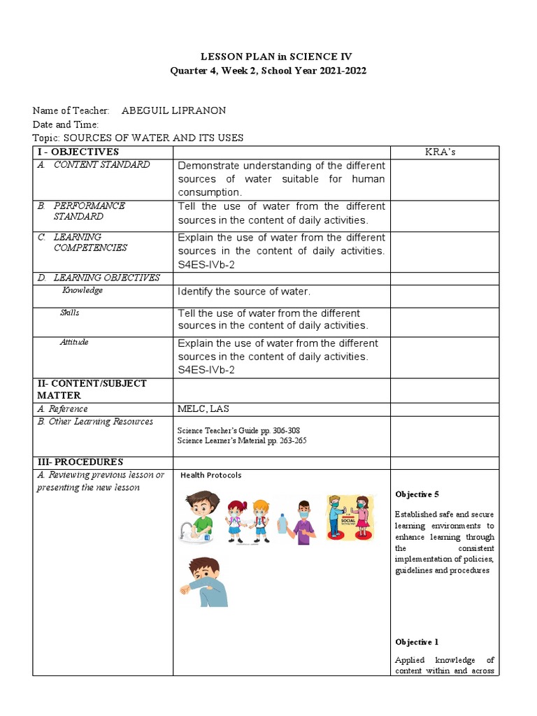 Lesson Plan in Science Iv Quarter 4, Week 2, School Year 2021-2022 ...