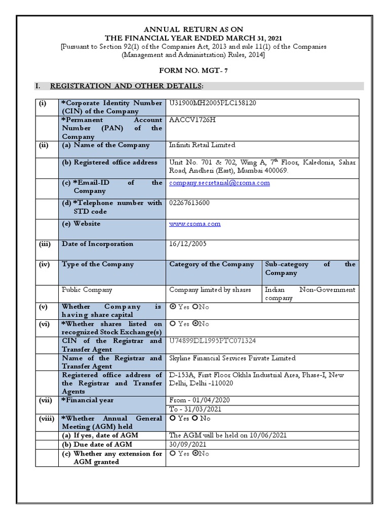 Annual Return - Form MGT-7 - FY21 Ruxdub | PDF | Convertible Bond ...