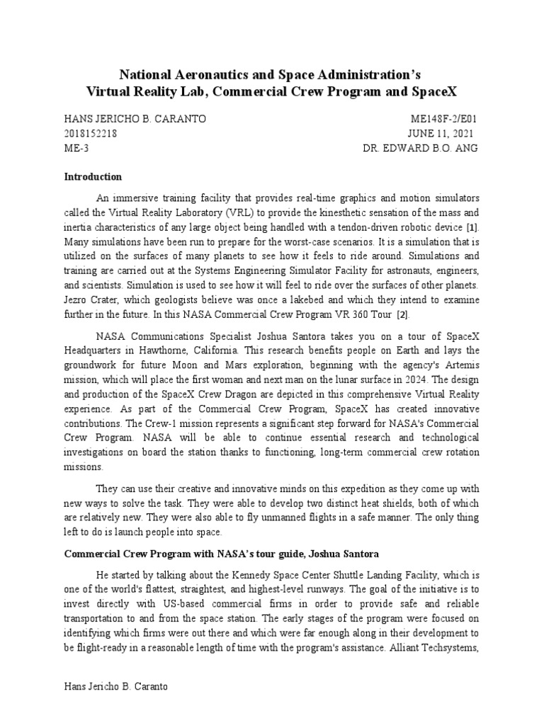 Assignment Report2 CARANTO Hans Jericho B | PDF | Nasa | Space X