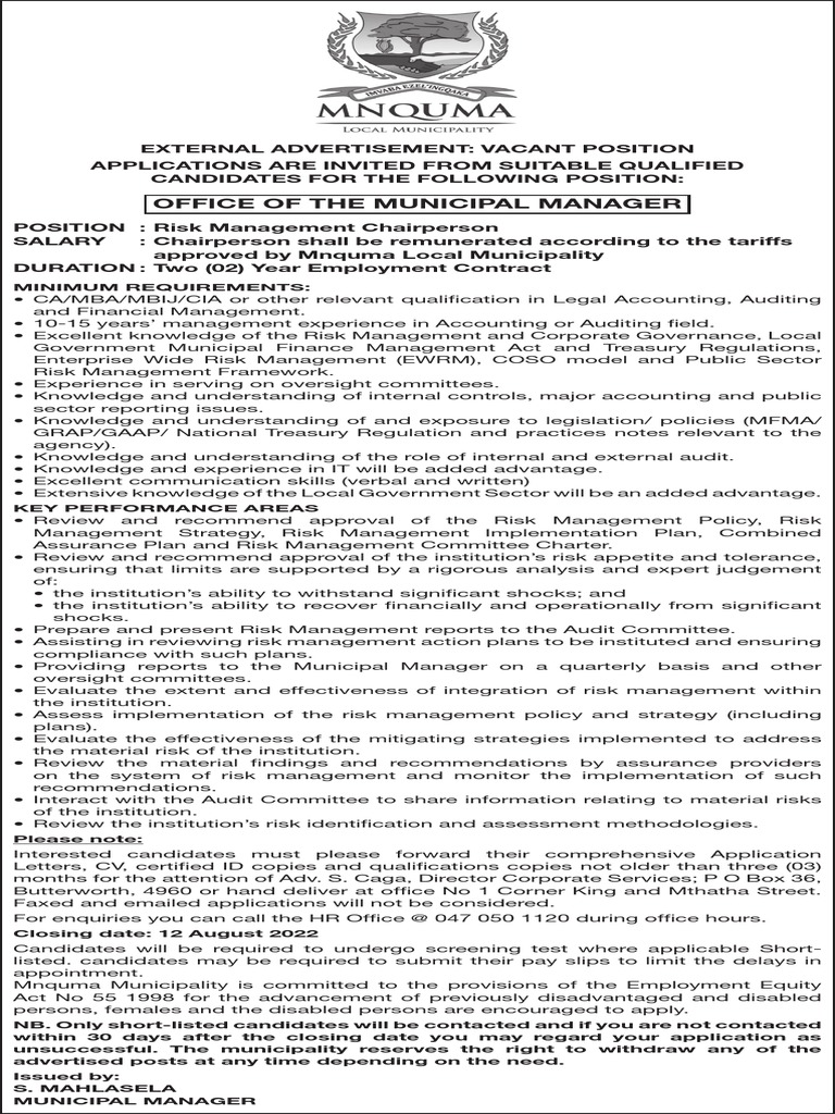 Mnquma Local Municipality - Vacancy: Risk Management Chairperson | PDF ...