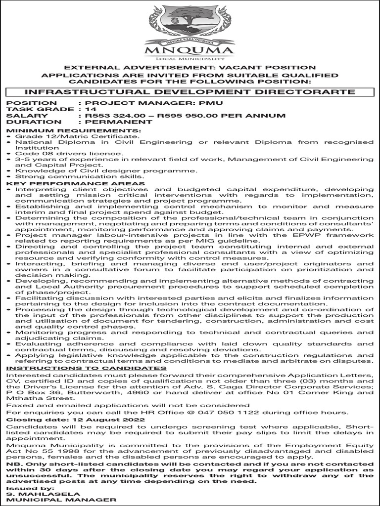 Mnquma Municipality, Project Manager | Download Free PDF | Consultant ...