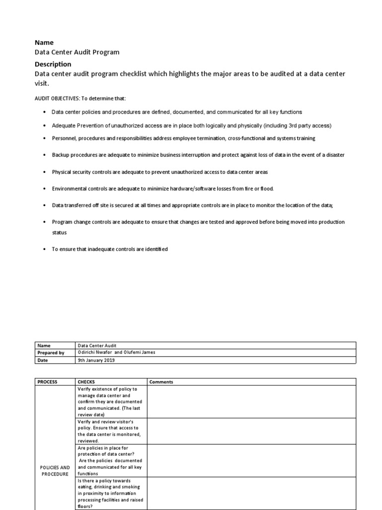 Datacenter checklist | PDF | Data Center | Access Control