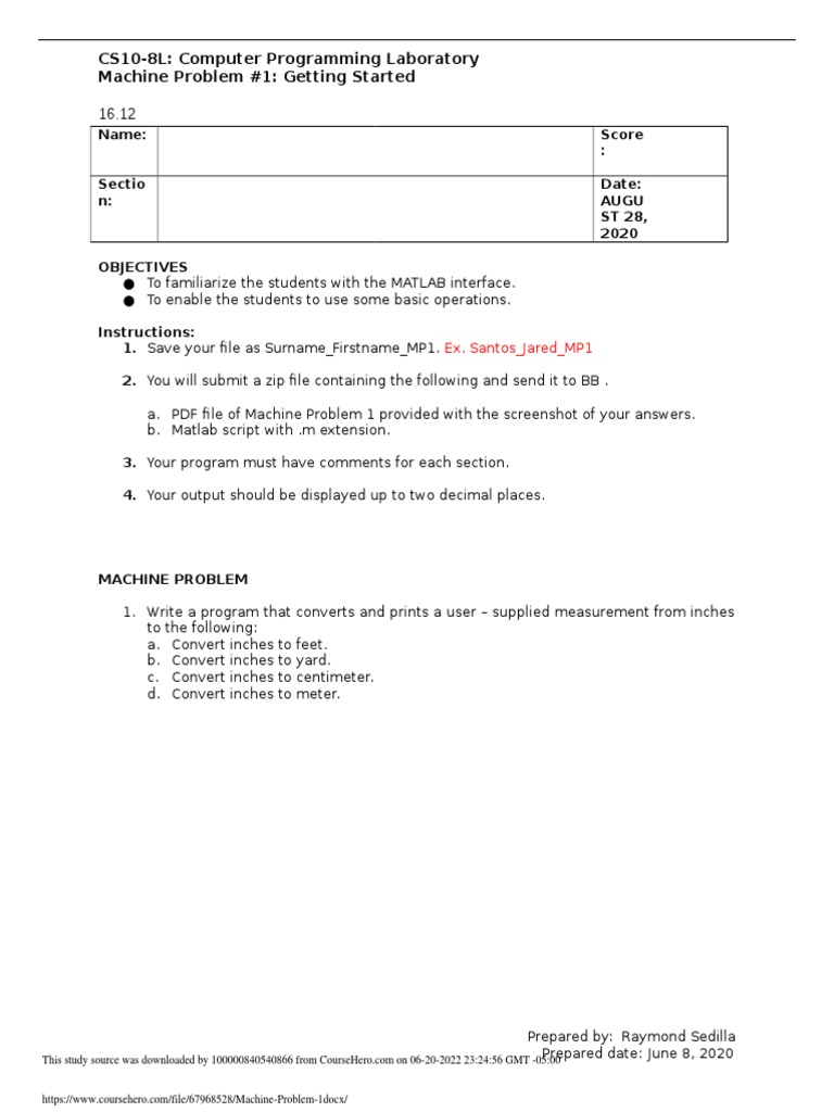 Cs10 8l Computer Programming Laboratory Machine Problem 1 Getting Started Download Free Pdf 