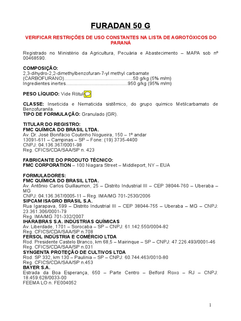Furadan 50 GR | PDF | Embalagem e rotulagem | Inseticida