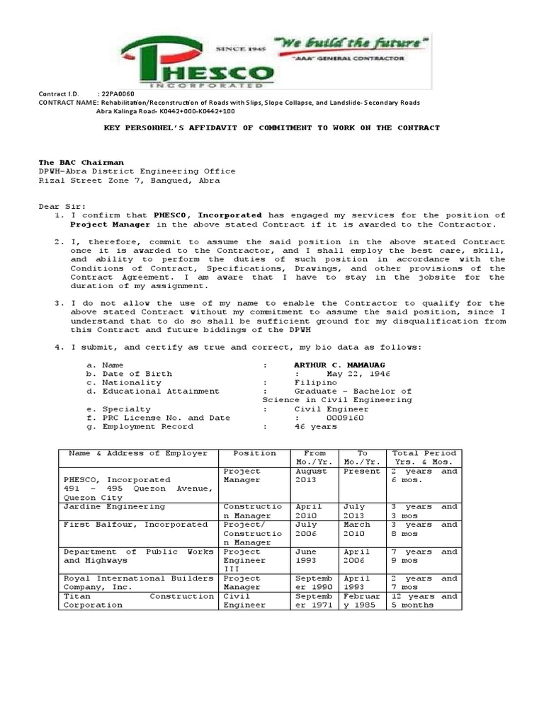 Key Personnel'S Affidavit of Commitment To Work On The Contract | PDF ...