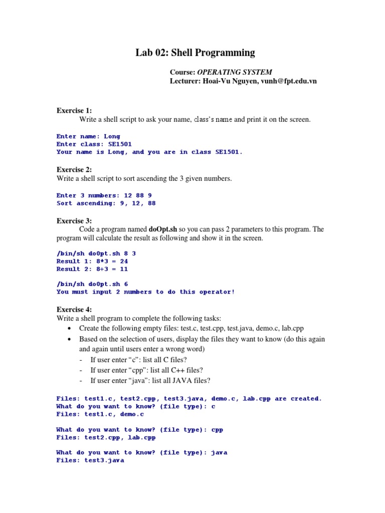 Lab 02: Shell Programming: Course: Operating System Lecturer: Hoai-Vu ...