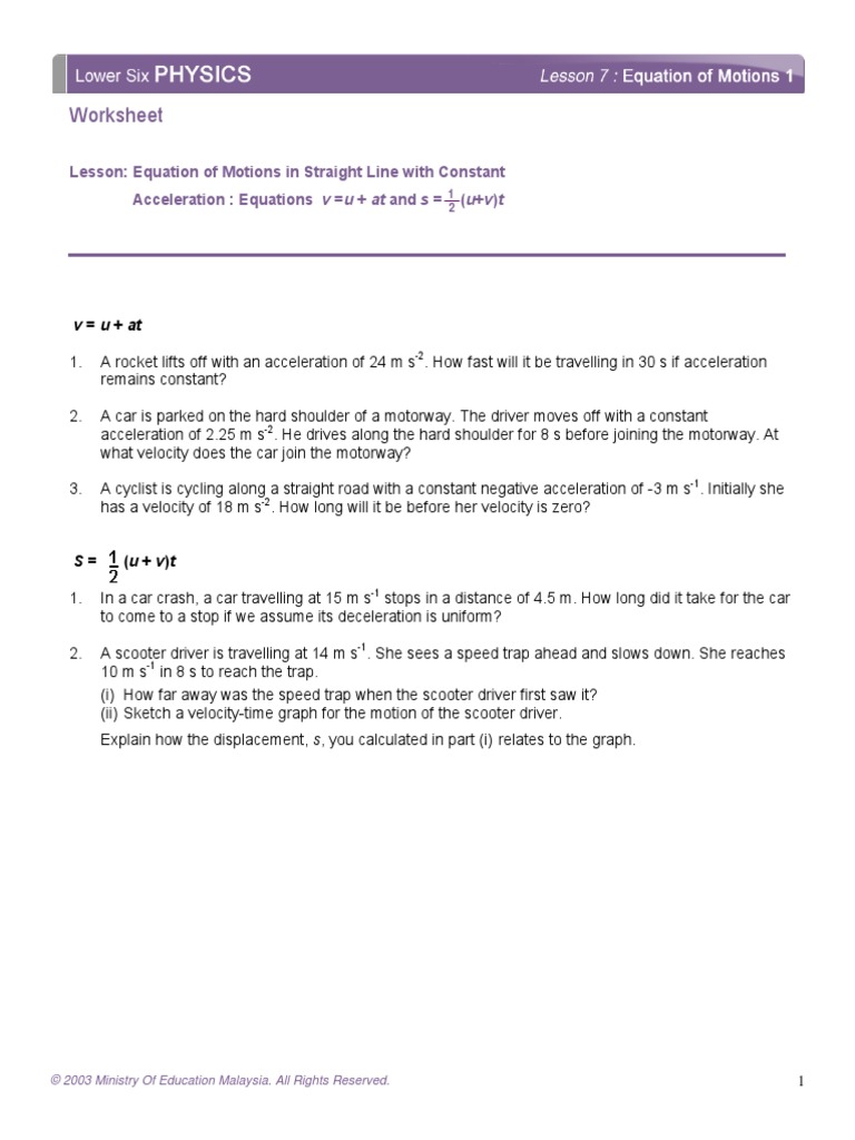 03 Worksheet Motion Equation 1 | PDF