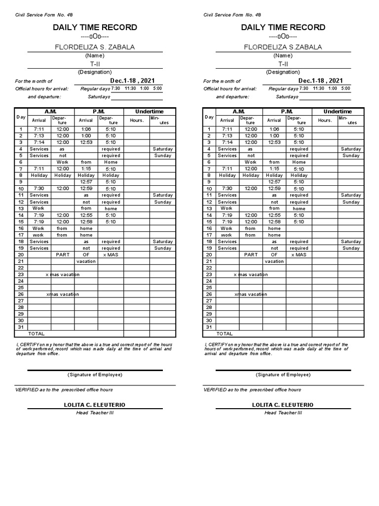 Civil Service Form No. 48 Daily Time Record | PDF