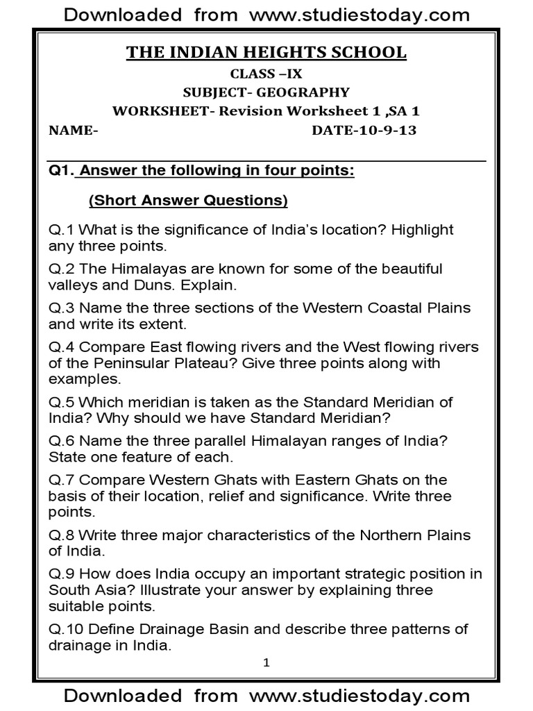 CBSE Class 9 Geography Worksheet - Revision Worksheet | PDF | Himalayas ...