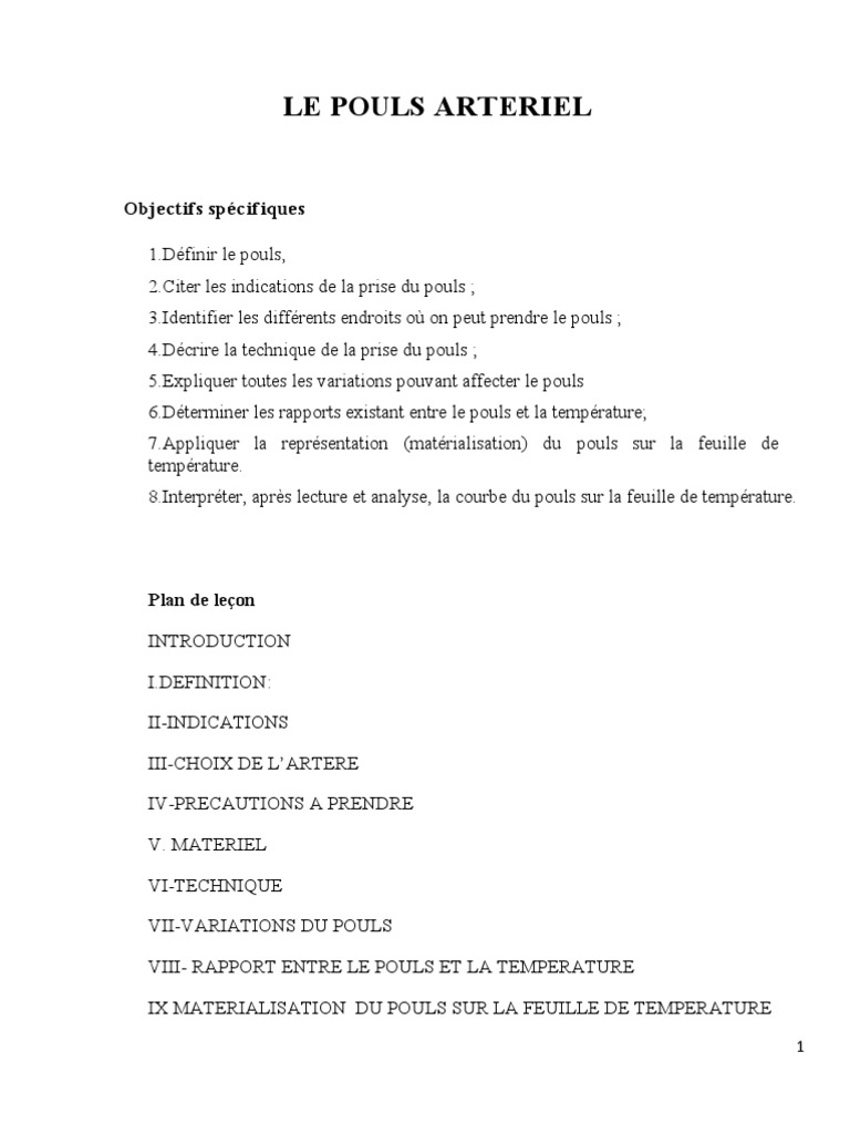 Le Pouls Artériel | PDF | Pouls | Fréquence cardiaque