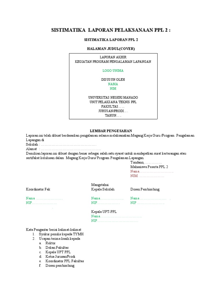 Sistimatika Laporan Pelaksanaan PPL 2 | PDF
