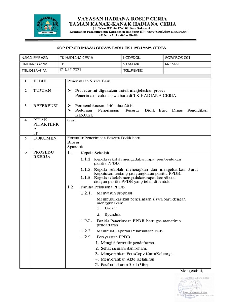 SOP PENERIMAAN SISWA BARU TK HADIANA CERIAdocx | PDF