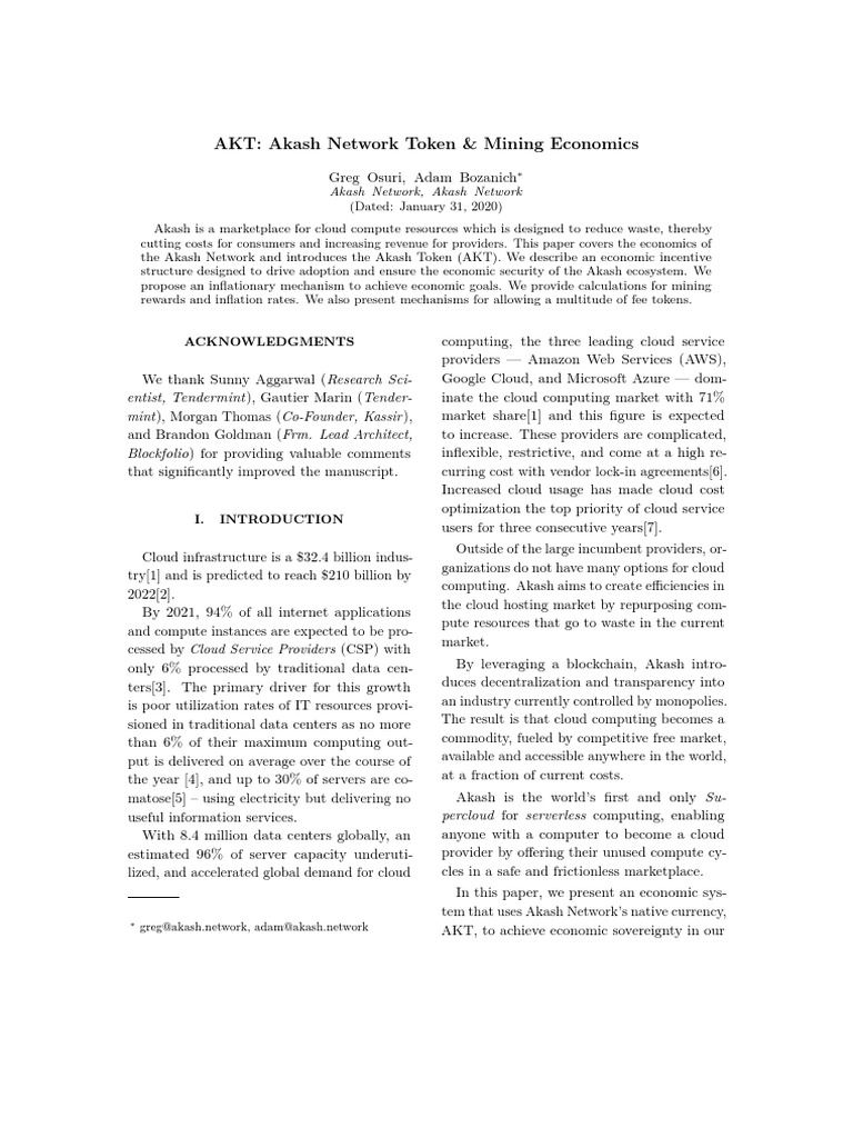 Akt Akash Network Token Mining Economics Pdf Cloud Computing