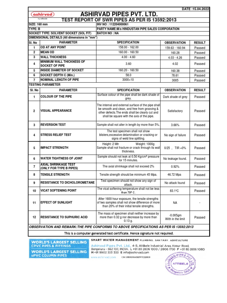SWR Pipe Test Report IS 13592:2013 | PDF | Pipe (Fluid Conveyance ...