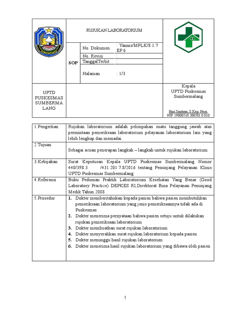 8.1.7.6 SOP Rujukan Laboratorium S New | PDF | Sains & Matematika