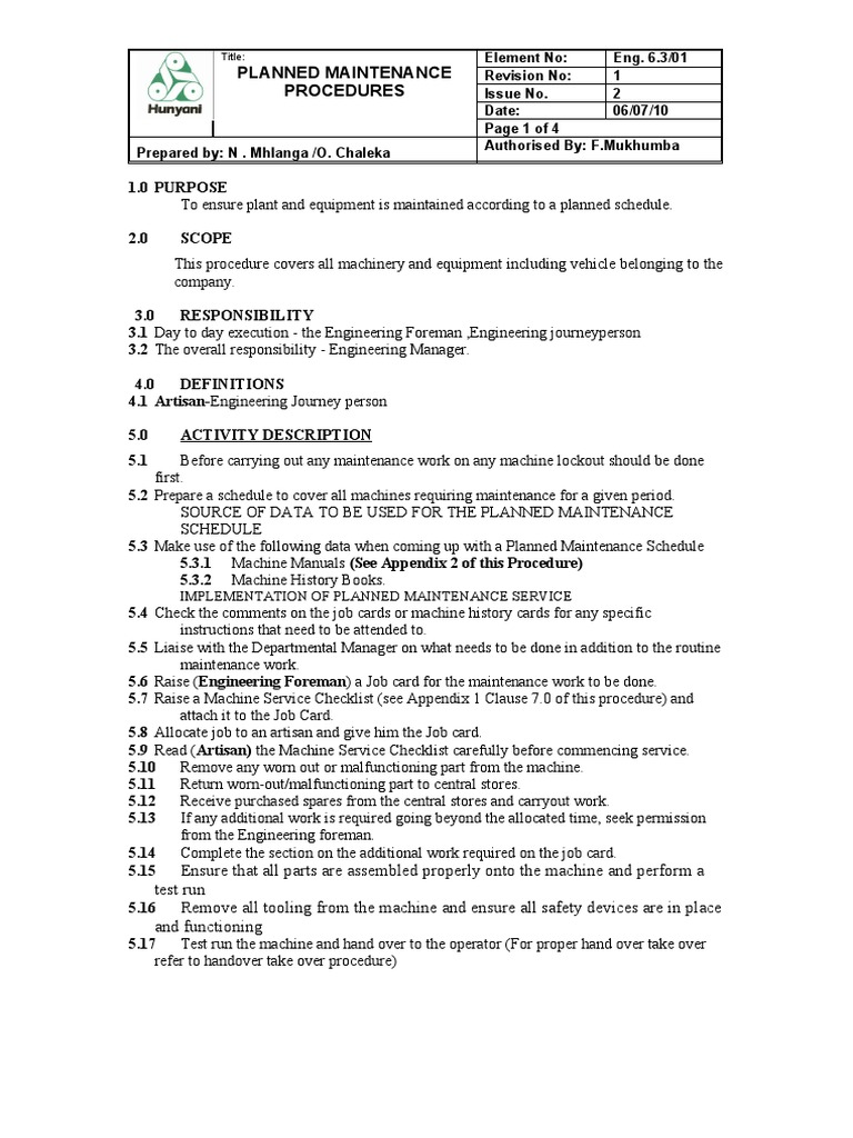 Planned Maintenance Procedure AMENDED | PDF | Machines | Mechanical ...