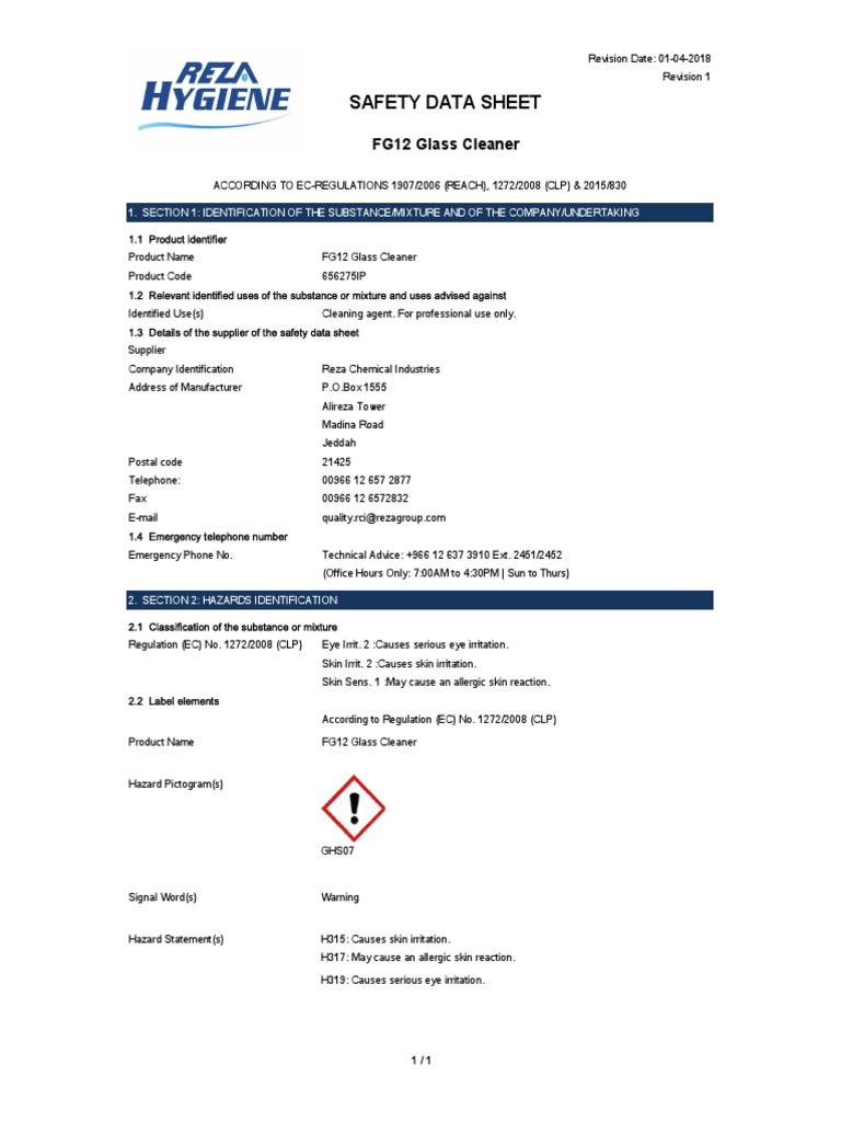 Safety Data Sheet: FG12 Glass Cleaner | PDF | Toxicity | Personal ...