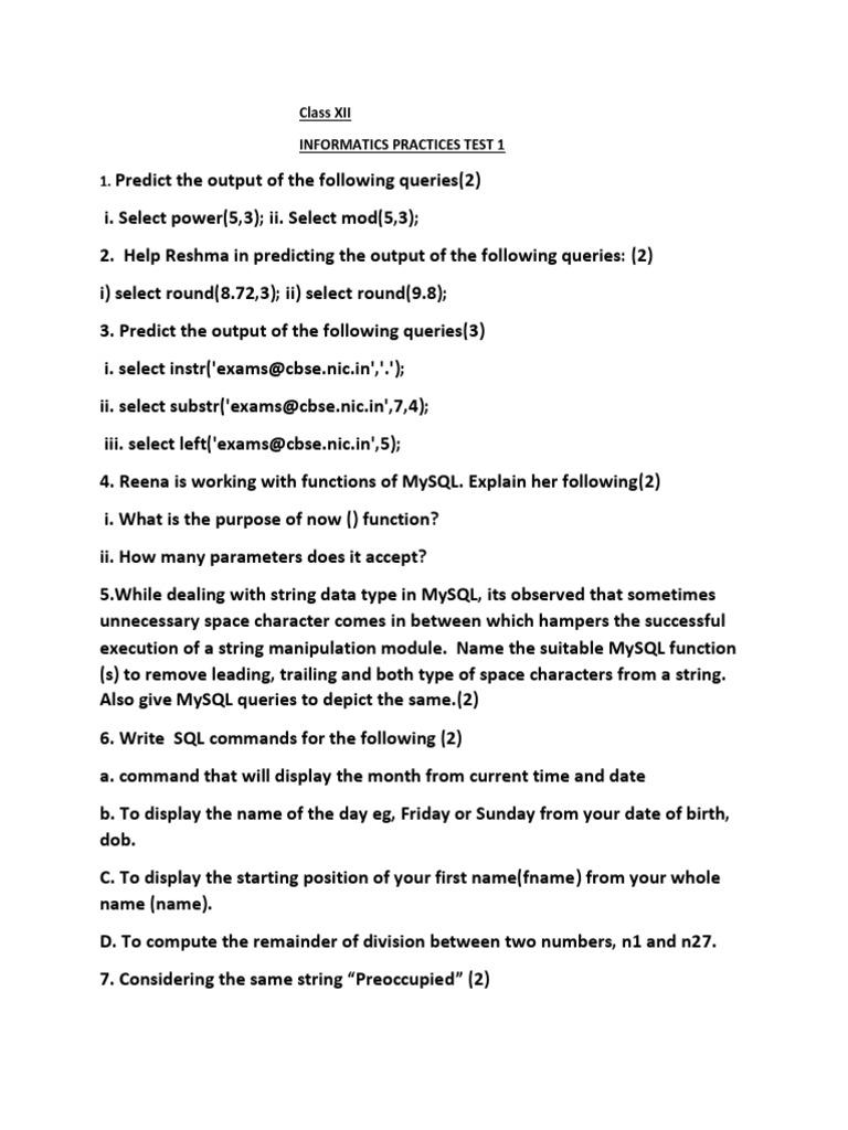 Class Xii Informatics Practices Test 1 1 Pdf String Computer Science Sql