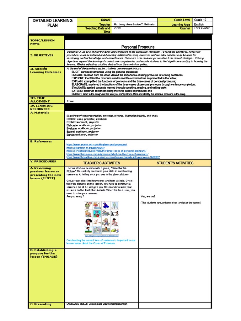Personal Pronouns Detailed Lesson Plan | PDF | Pronoun | Linguistics