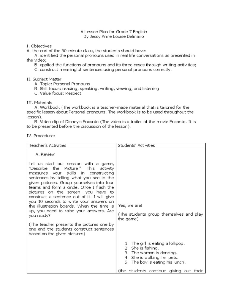 Detailed Lesson Plan - Personal Pronouns | PDF | Grammatical Number ...