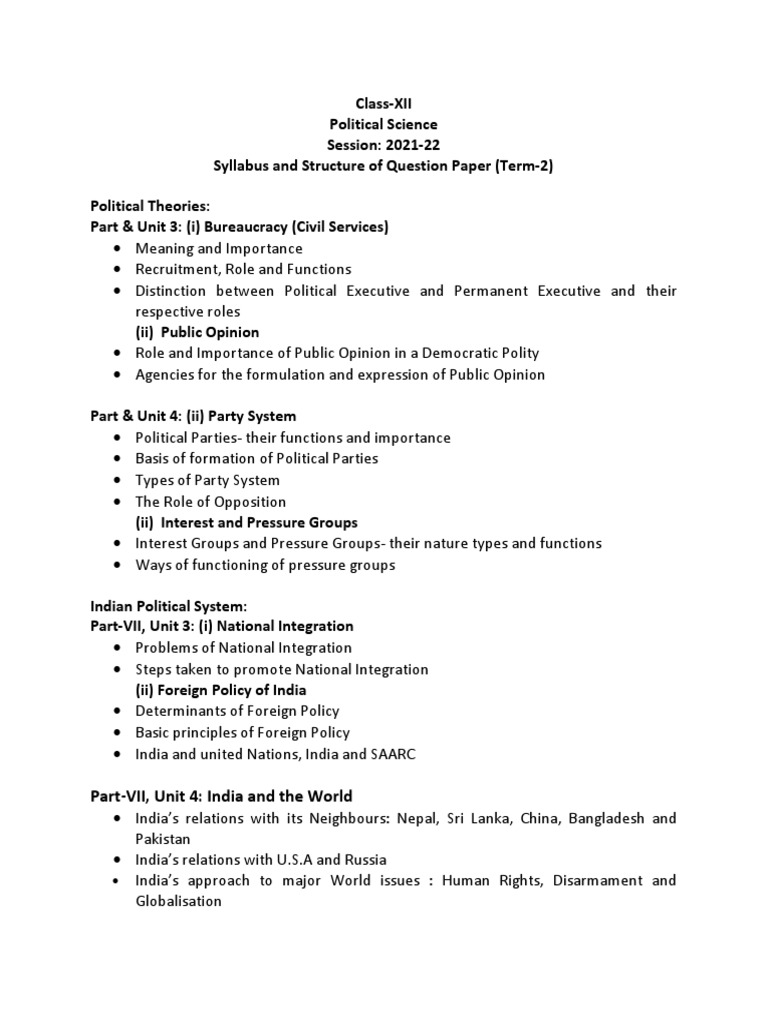 Political Science Syllabus and Structure of Question Paper Term-2 | PDF ...