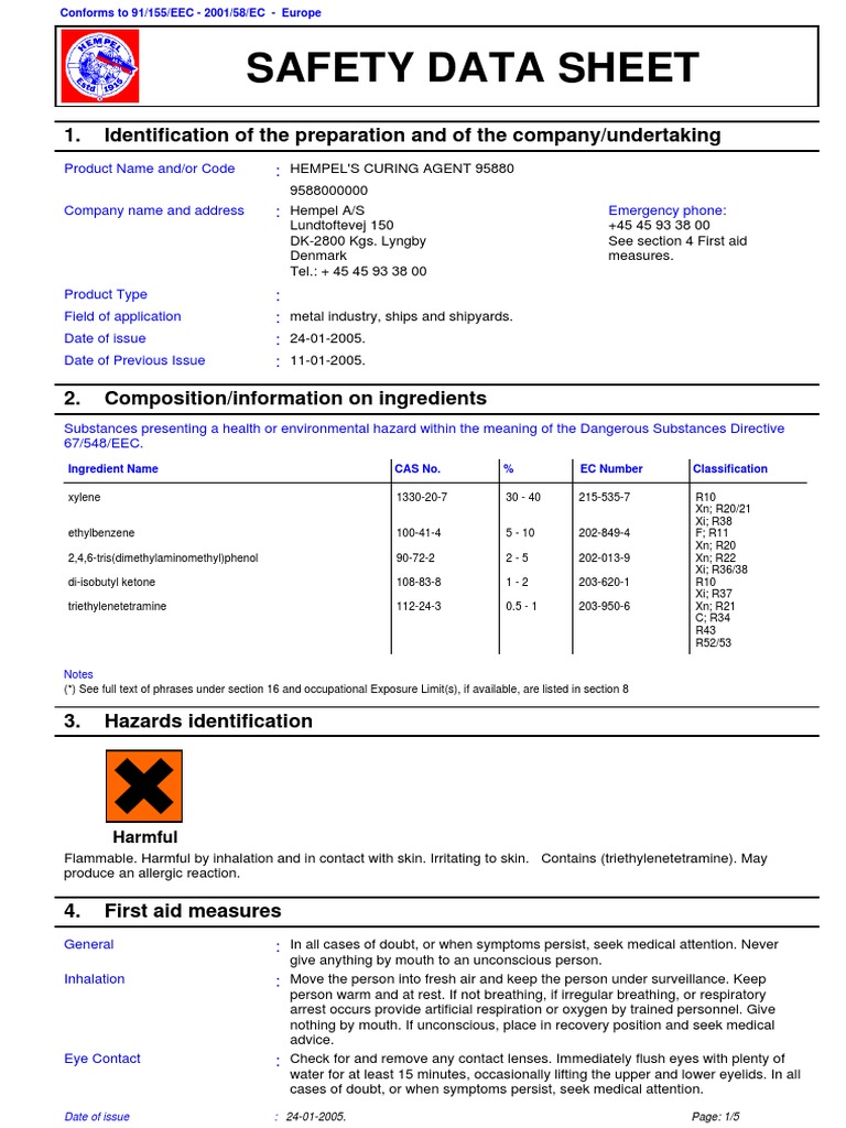 Hempel Curing Agent 95880 | PDF | Carbon Dioxide | Personal Protective ...