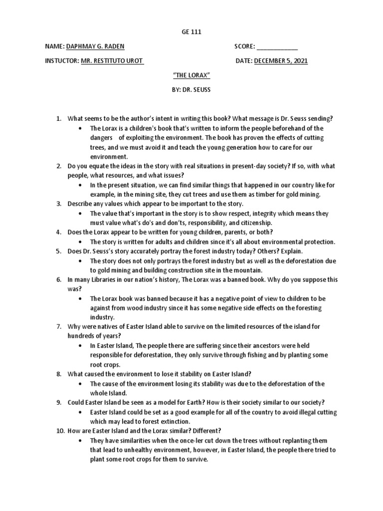 GE111 The Lorax Continuing | PDF | Deforestation | Natural Environment