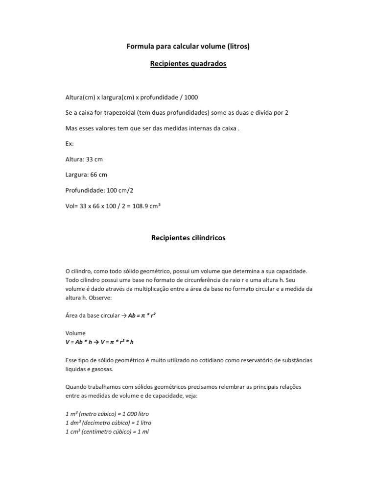 Fórmulas para Calcular Volume | PDF | Métodos e Materiais de Ensino ...
