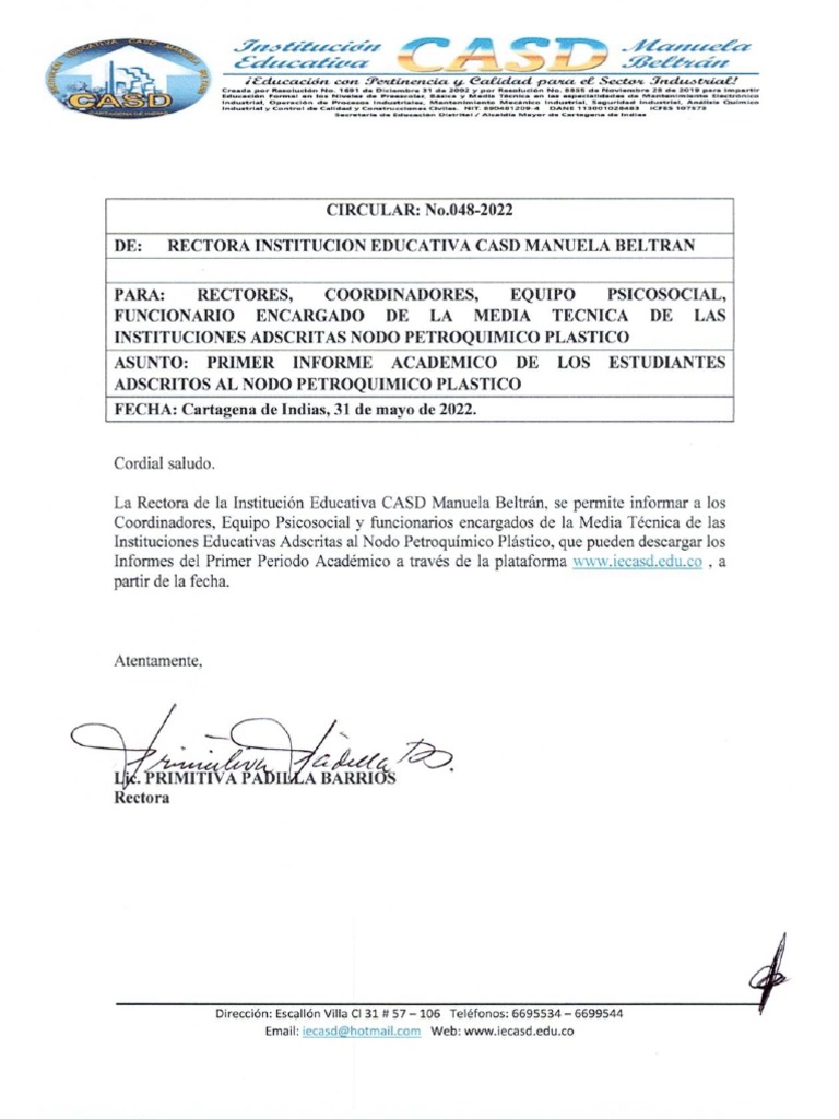 Circular 048-2022 Instituciones Adscritas | PDF