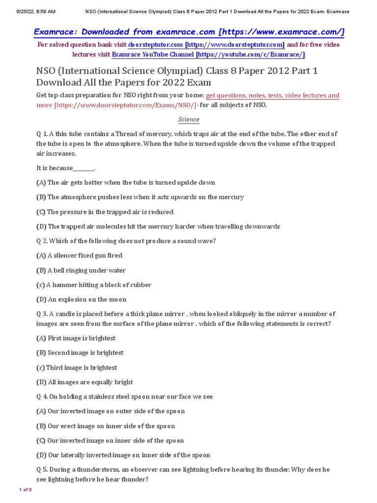 NSO (International Science Olympiad) Class 8 Paper 2012 Part 1 Download ...