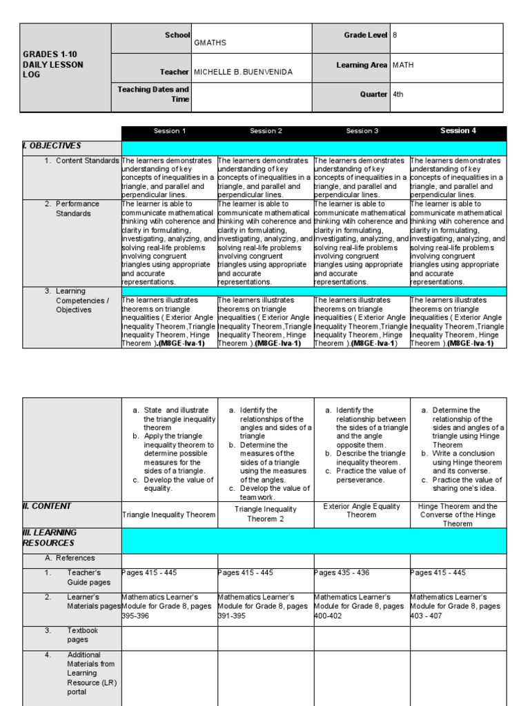Math 8 DLL 4th Quarter Week 1 LC 48 | PDF | Triangle | Perpendicular