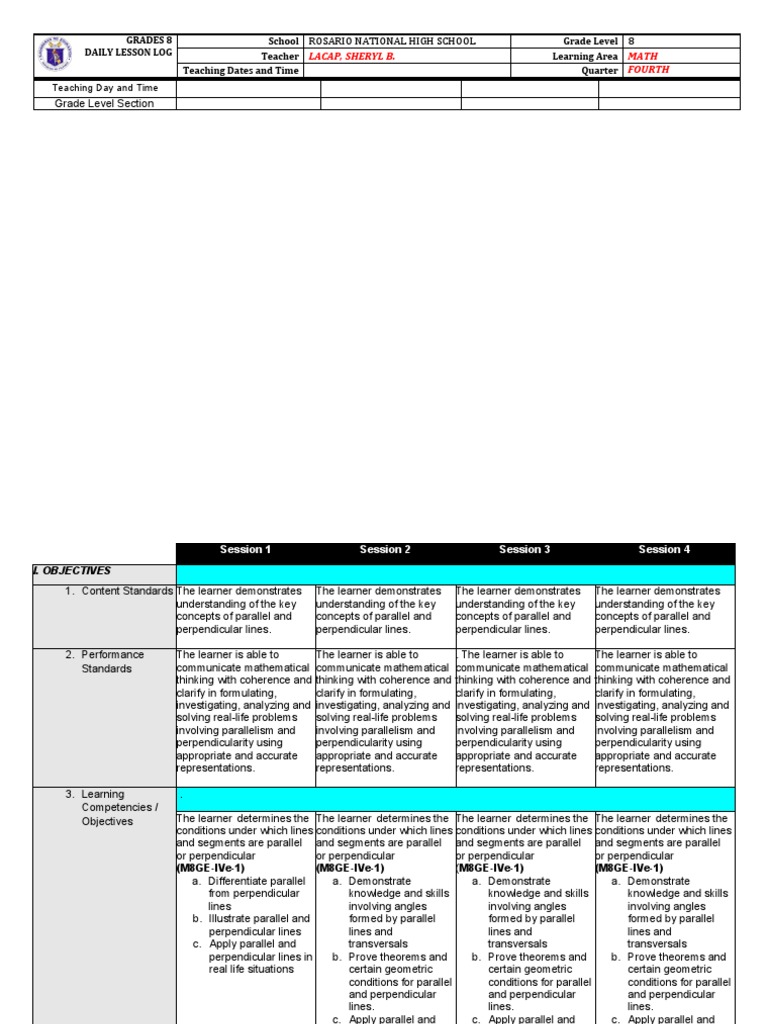 Grade 8 Math Lesson Plan: Parallel & Perpendicular Lines | PDF ...