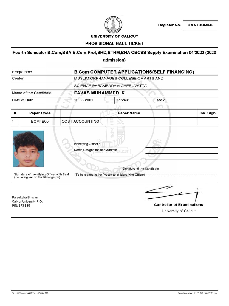 Provisional Hall Ticket Provisional Hall Ticket Admission) : Register ...