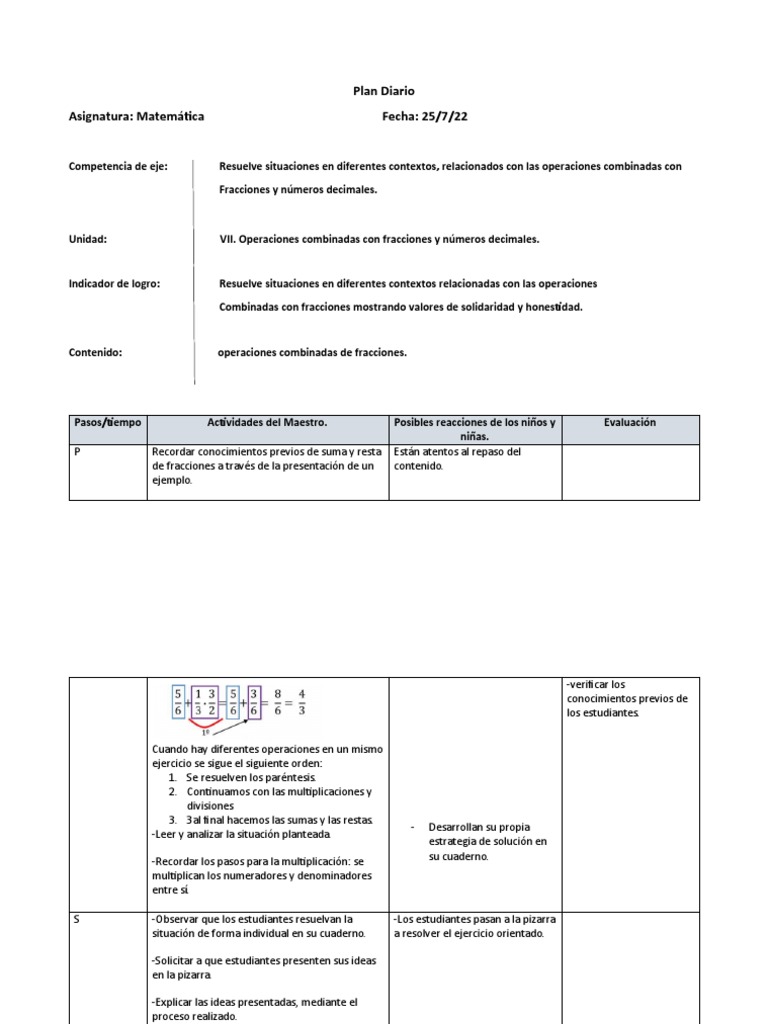 Plan Diario Matematica | PDF | Multiplicación | Matemáticas