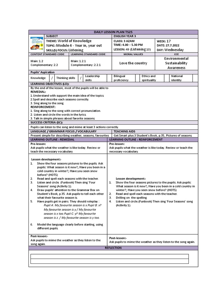 CONTOH RPH PLAN MENGIKUT TAHAP PENGUASAAN | PDF | Vocabulary ...