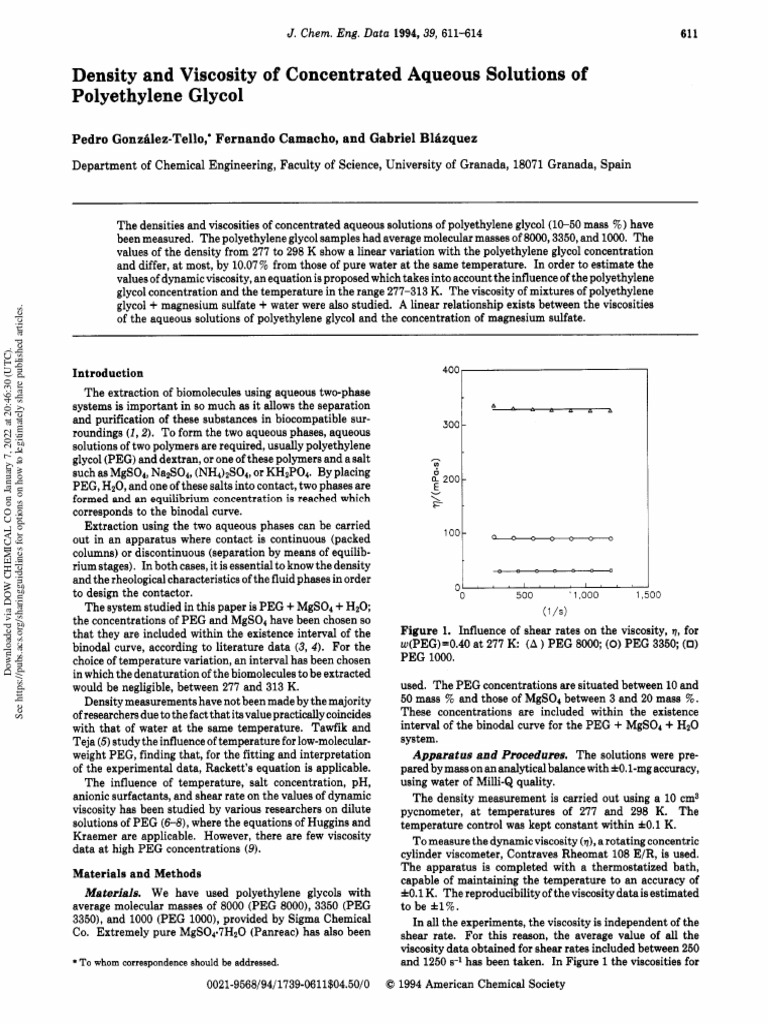 PEG Density and Viscosity Data Analysis | PDF | Polyethylene Glycol ...