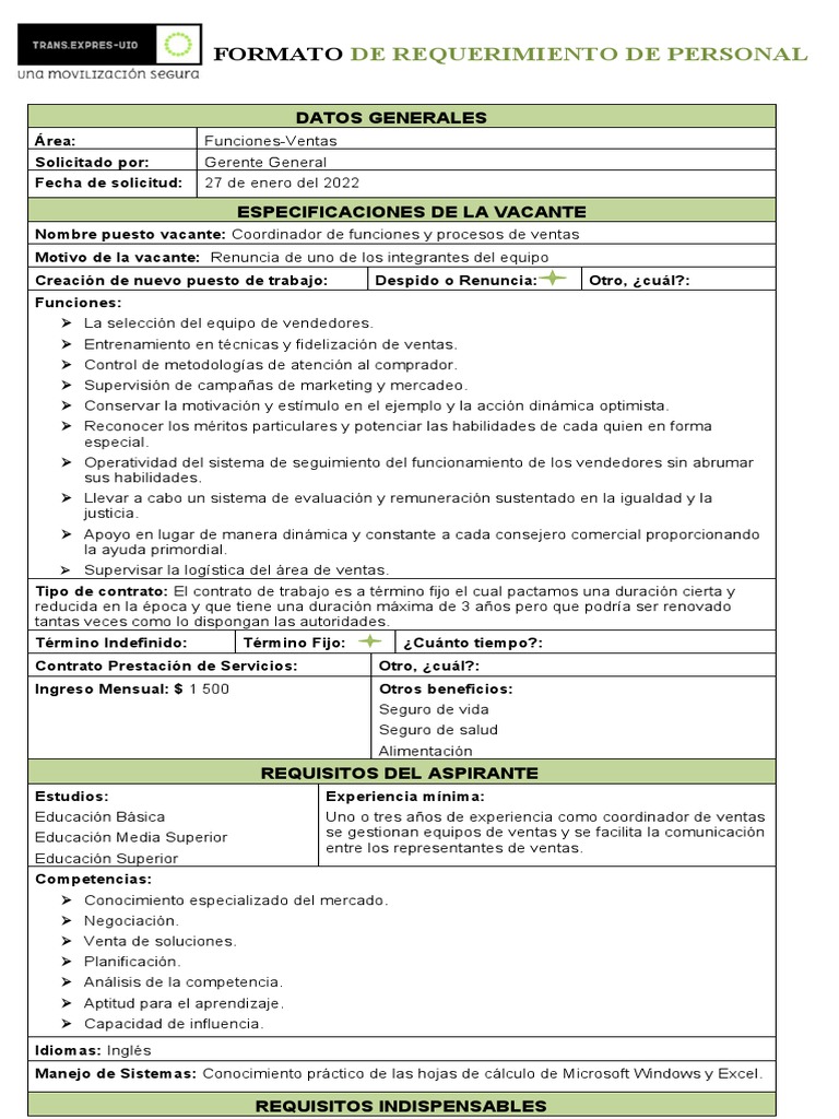 Formato de Requerimiento de Personal | PDF | Marketing | Gestión de ...